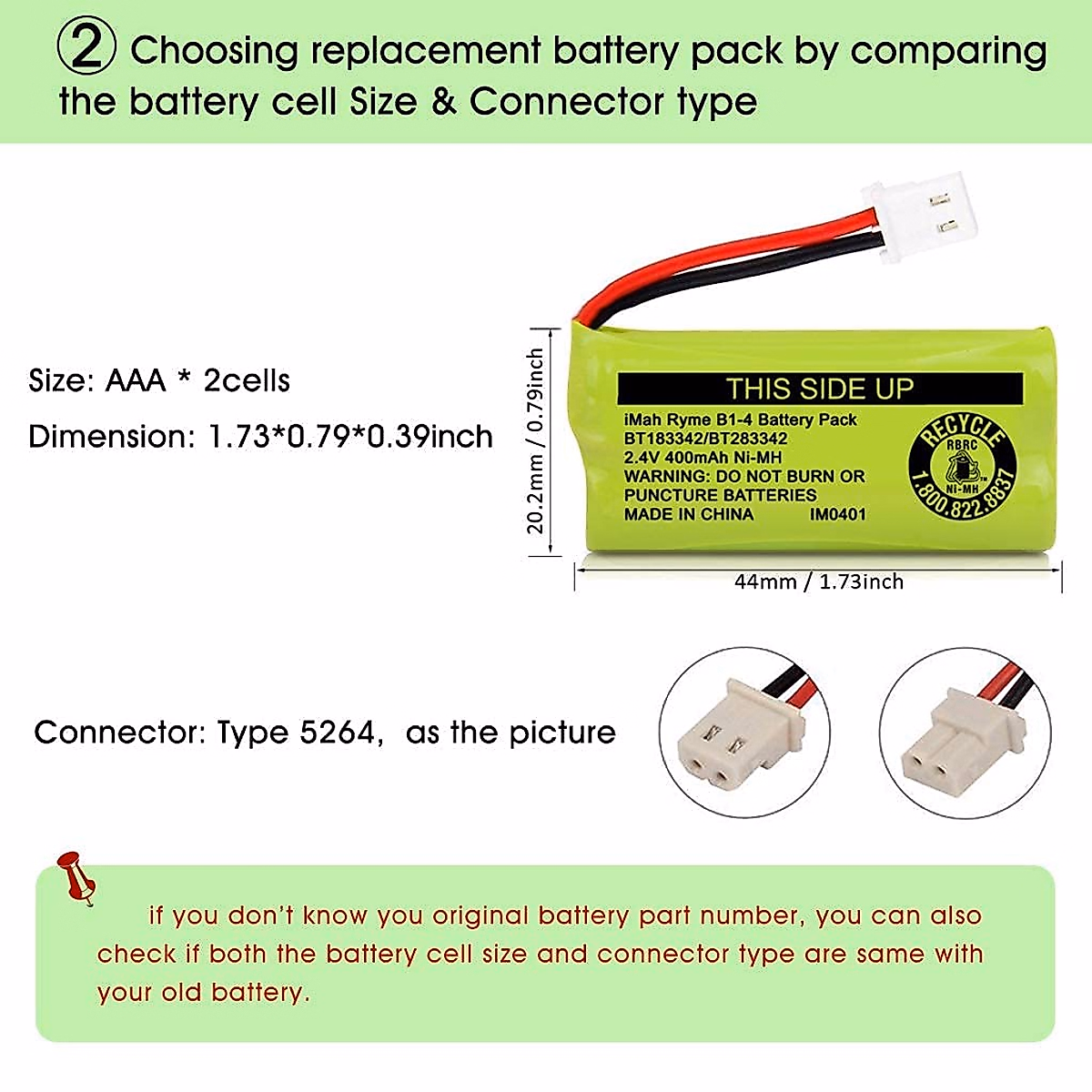 iMah BT183342/BT283342 2.4V 400mAh Ni-MH Battery Pack Compatible with AT&T VTech Cordless Phone Batteries BT166342/BT266342 BT162342/BT262342 2SN-AAA40H-S-X2, Pack of 2