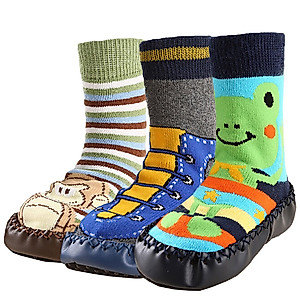 KF Baby Toddlers Boys Girls Non-Skid Slipper Socks Value Pack [3 Pairs]