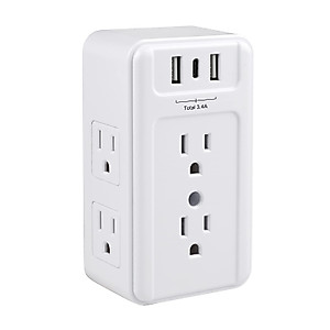 Clear Power Multi Plug Outlet Extender, 6-Outlet Splitter with 3 USB Ports (1x USB-C), 3-Sided Power Strip USB Wall Charger for Home & Office, White, DC3S-1006-DC