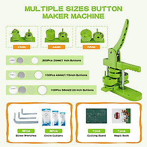 Alldeer Pin Maker Machine 1+1.73+2.25 Inch with 500 Sets Plastic Button Making Supplies, Pin Back Button Maker Machine Multiple Sizes, Interchangeable Models 25/44/58mm, Badge Button Press Machine