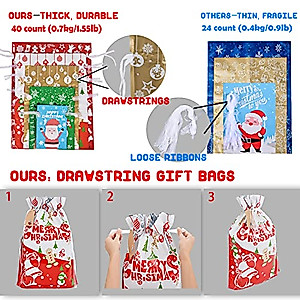 40pcs Drawstrings Christmas Gift Bags Assorted Sizes, Holiday Gift Bag Bulk Christmas Bags For Gifts Wrapping, Reusable Plastic Xmas Presents Party Favor Goody Bags Jumbo/Extra Large/Medium/Small