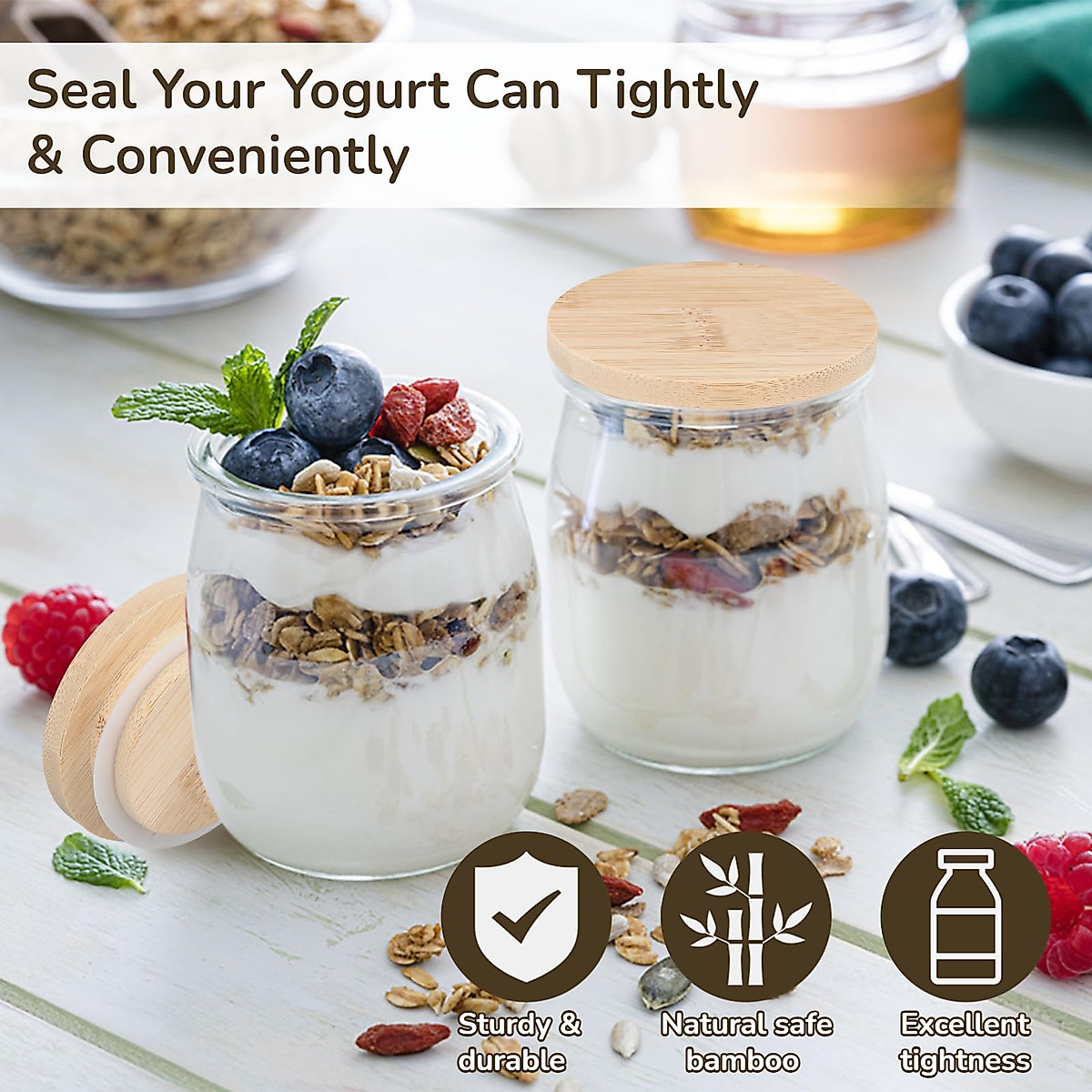 yeesport 12 PCS Yogurt Jar Lids, 2.6 Inches Bamboo Jar Lids for Yogurt Jars, Food Fruit Candy Can Lids with Silicone Sealing Rings, Yogurt Jar Lids With DIY Function