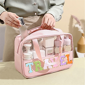 CRUOXIBB Chenille Letter Patch Clear PVC And PU leather Large Travel Makeup Toiletry Storage Bag Waterproof Makeup Tote Bag for Women (Travel-Pink)