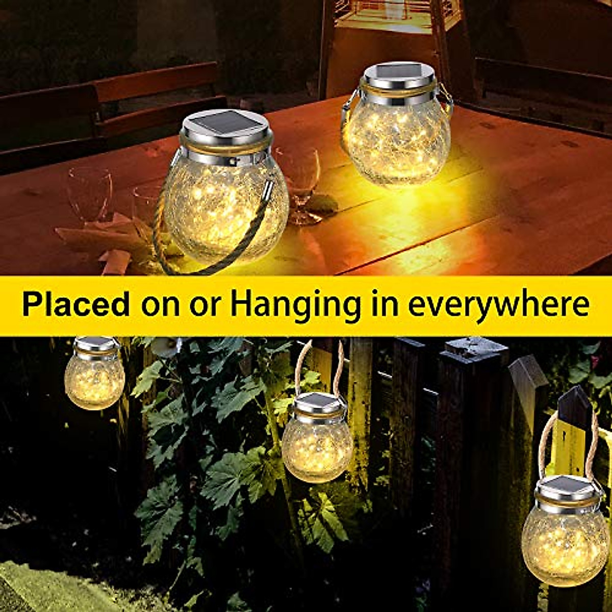 Solar Hanging Lanterns Outdoor Waterproof, Table Lamps Decorative Cracked Glass Jar 30 LED Lights for Garden Tree Court Yard Patio Pathway Christmas Day Holiday Party Decoration (2, Warm Light)