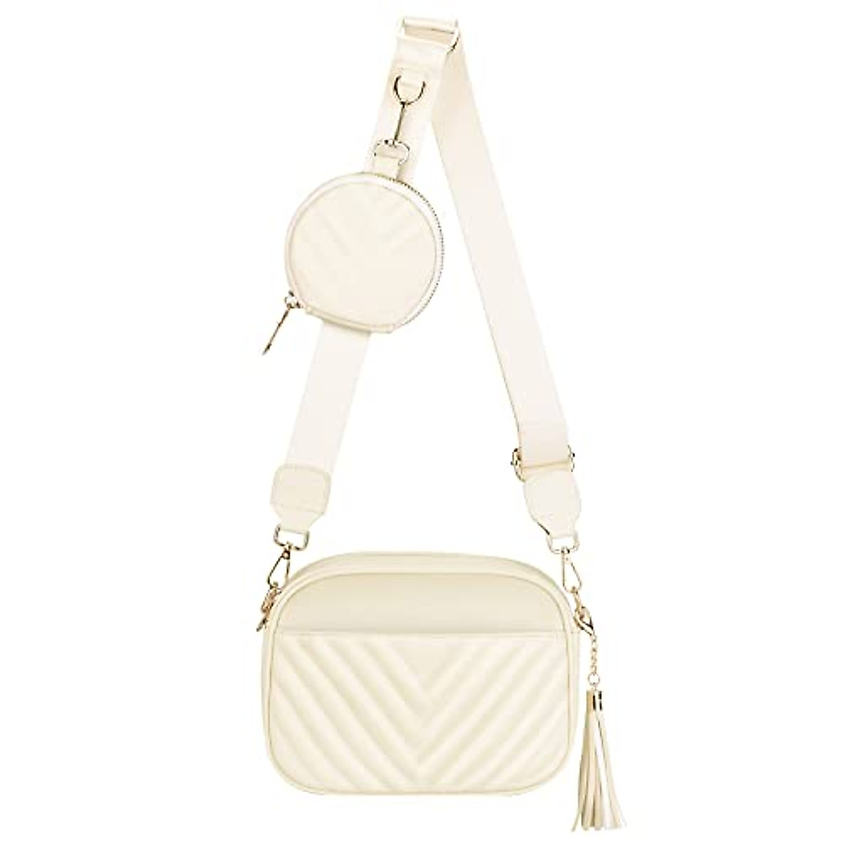 Quilted Small Crossbody Bag for Women With Coin Purse Pouch and Tassel Women Square Camera Side Shoulder Handbag (White)