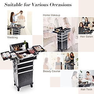 Stagiant Rolling Makeup Train Case Large Storage Cosmetic Trolley 4 in 1 Large Capacity Trolley Makeup Travel Case with Key Swivel Wheels Salon Barber Case Traveling Cart Trunk - Black