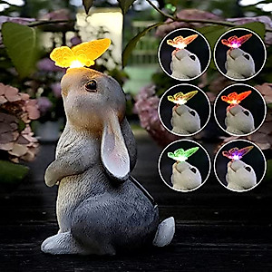 AOLIY Garden Outdoor Decor-Rabbit in with Solar Butterfly Light Garden Statues Outsides Decorations for Bunny Lovers Gardeners Family with Pets,Ornament Gift for Patio Yard Lawn Porch.(Color Change)