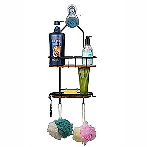 Utopia Alley Tia Rustproof Teak Overhead Shower Caddy with 2 Shelves - Decorative Shower Rack for Shampoo & Toiletries Storage, Hanging Shower Head Organizer- Matte Black Finish