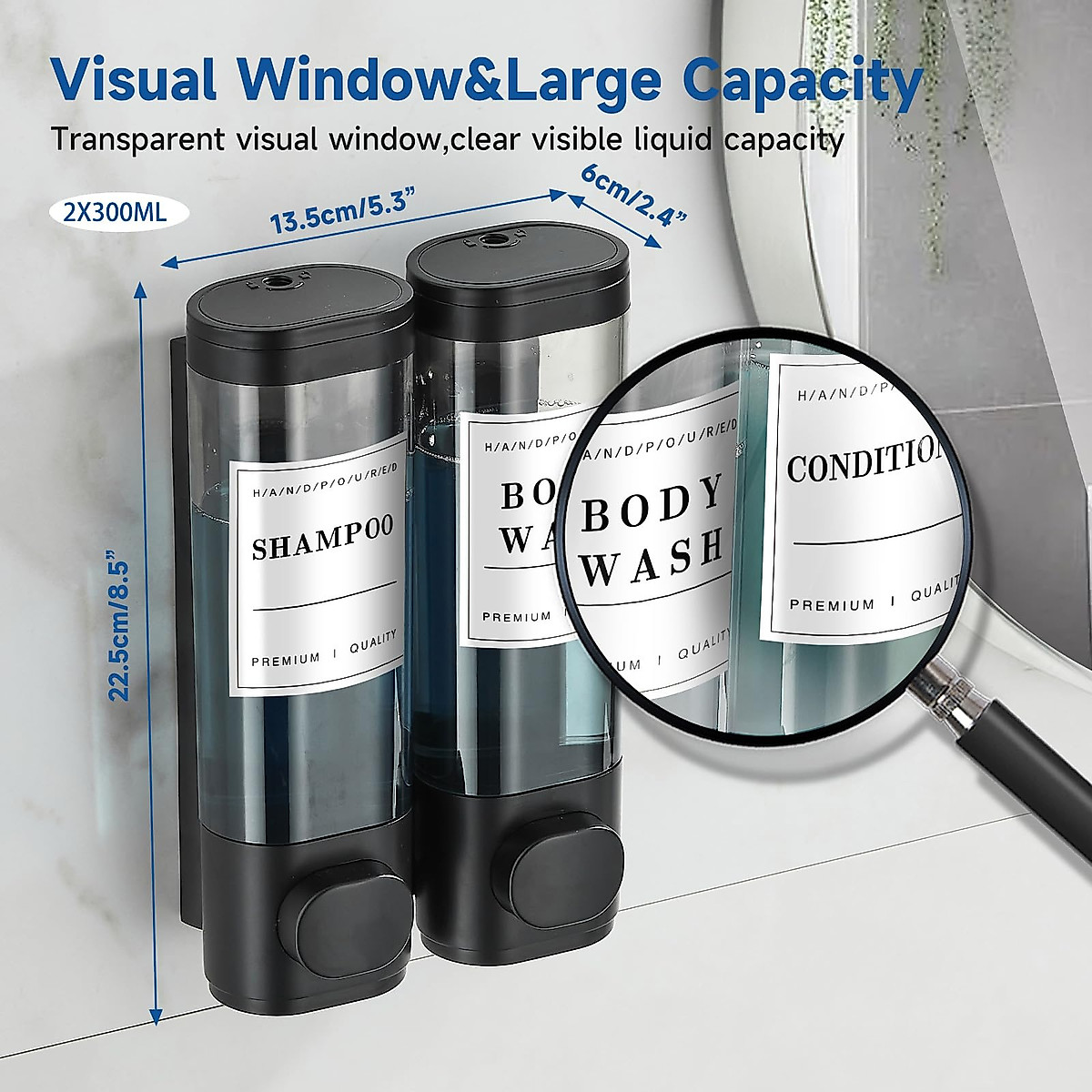 Shampoo and Conditioner Dispenser,Unisense Shower Soap Dispenser 2 Chamber No Drill Wall-Mounted Shampoo Dispenser for Shower Wall Mounted Shower Dispenser for Bathroom Hotel Large Capacity,Black