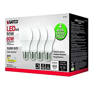 Satco 4.17 Inch 9.5W A19 LED Medium Base Replacement Lamp (Pack of 4)-3000 Color Temperature-Frosted Finish