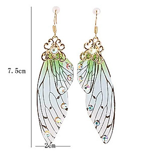 HELPFLOWER CH Handmade Fairy Simulation Butterfly Wing Earrings Foil Rhinestone Earring Romantic Jewelry,Golden Green