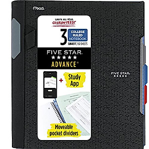 Five Star Advance Spiral Notebook + Study App, 3 Subject, College Ruled Paper, 11" x 8-1/2", 150 Sheets, With Spiral Guard and Movable Dividers, Black, 1 Count (73132)