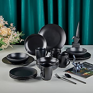 CREATIVELAND Round Stoneware Dinnerware Set Durable Kitchen and Dining,16 Piece Service For 4,Pasta Bowls,Large Salad Bowls,Porcelain Bowl,Wide and Shallow,Microwave and Dishwasher Safe, Matte Black.