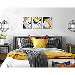 Abstract Wall Art Canvas 3 Piece Pictures for Living Room Wall Decoration Framed Yellow Black and Grey Art Wall Decor for Bedroom Bathroom Decor teal Modern Wall Prints Home Decorations