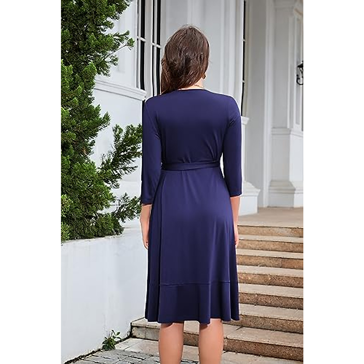 yasingoo Women's V-Neck Wrap Dress 2023 Fall Fashion 3/4 Sleeve Tie Waist Midi Flowy Ruffle Hem Mixi Boho Dresses Dark Blue,Medium