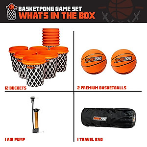 BasketPong Giant Yard Pong X Basket Ball Game with Durable Balls and Buckets Outdoor Game for Lawn, Backyard and Beach Set Includes 12 Buckets 2 Basket Balls Carrying Bag and Air Pump