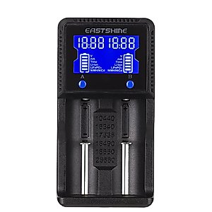 EASTSHINE Universal Smart Battery Charger 2 Slots for Rechargeable Batteries 1.2V Ni-MH Ni-Cd AA AAA C 3.2V LiFePO4 3.7V Li-ion IMR 18650 26650 21700 16340 14500 18500 10440 18350 RCR123A UL Listed