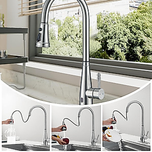 KPAIDA Touchless Kitchen Faucet with Pull Down Sprayer, Brushed Nickel Kitchen Sink Faucet with Deck Plate, Infrared Motion Sensor Smart Stainless Steel Single Handle High Arc Faucet for Kitchen Sink