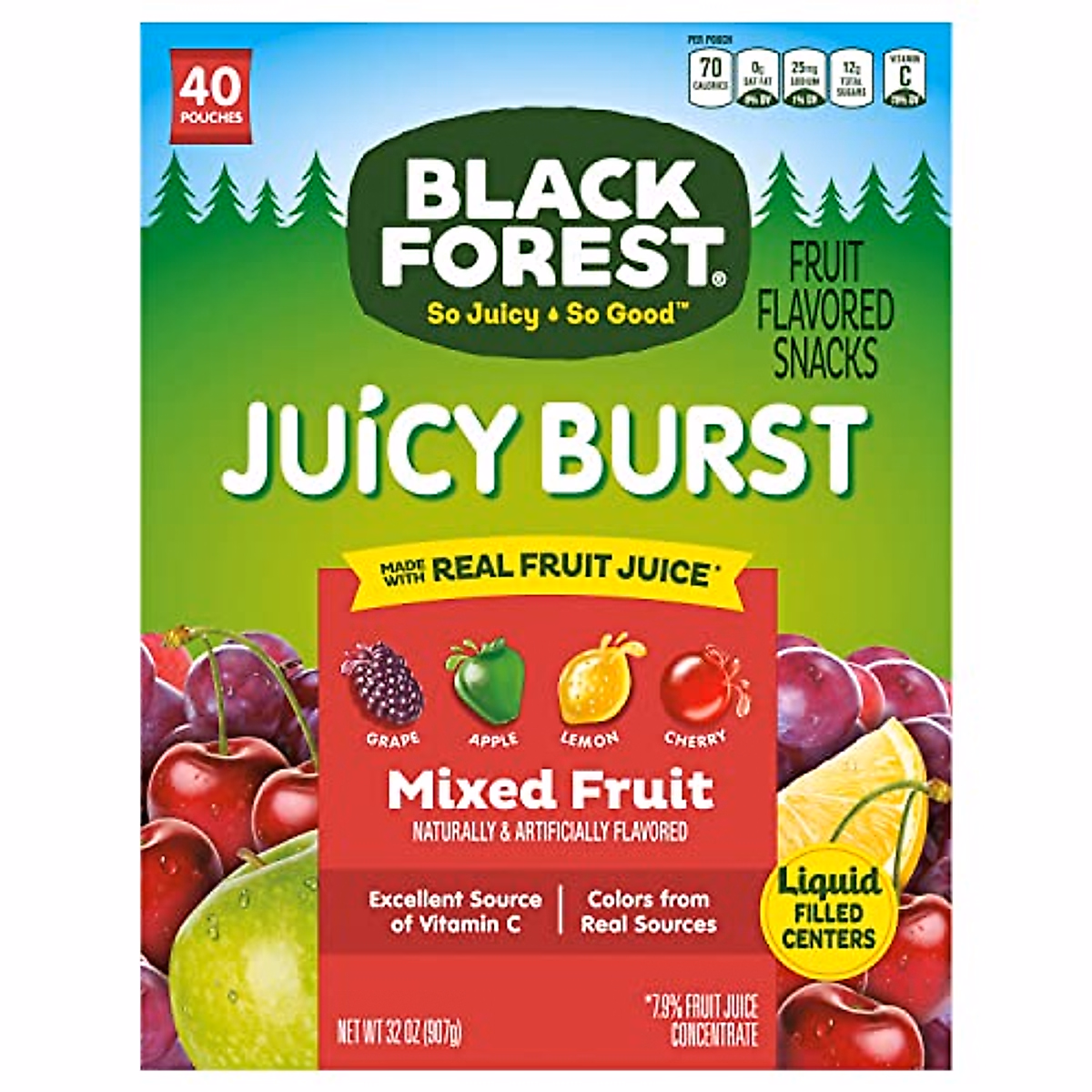 Black Forest Juicy Burst Fruit Snacks, School Snacks, Mixed Fruit, 0.8 Ounce Pouches (40 Count)