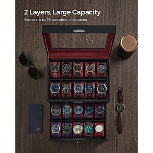 SONGMICS 20-Slot Watch Box, Watch Case with Glass Lid, 2 Layers, Lockable Watch Display Case, Black Synthetic Leather, Wine Red Lining UJWB020R01