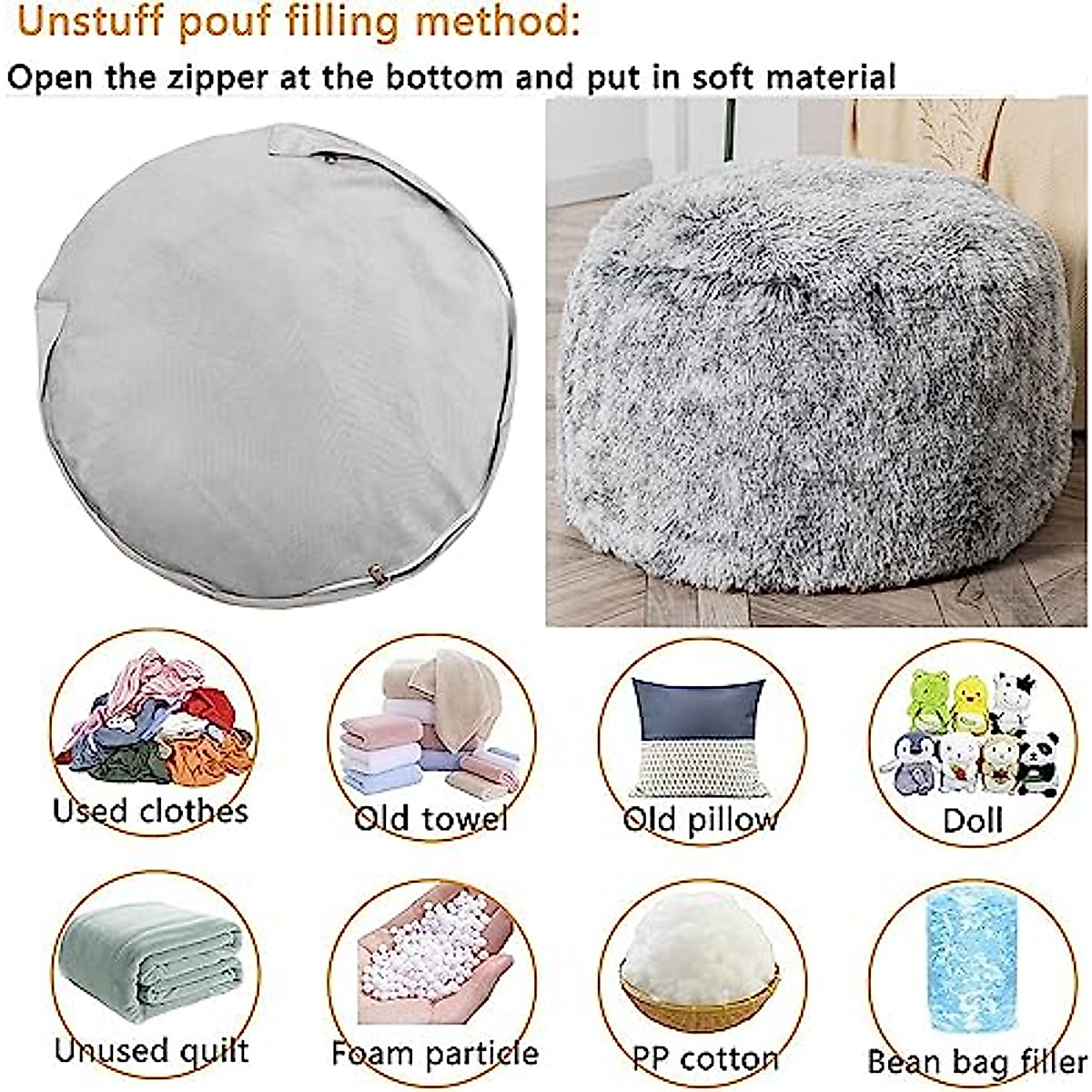 Asuprui Grey Ottoman Foot Rest(NO Filler) Pouf Cover Unstuffed Floor Pouf Ottoman 20x20x12 Inches Round Pouf Seat Floor Bean Bag Chair Foldable Floor Chair Storage for Living Room Bedroom Cover ONLY