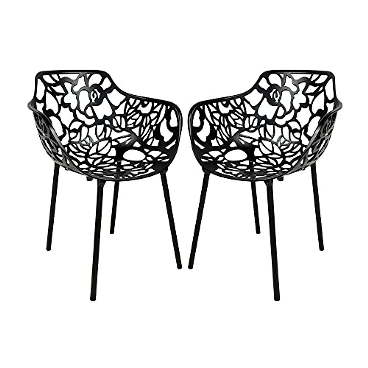 LeisureMod Devon Modern Aluminum Indoor-Outdoor Stackable Side Dining Arm Chair, Set of 2 (Black)