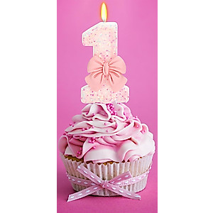 ElekFX Birthday Candle for Cake, 1 Candle - Pink Glitter with Bowknot, 2.76 inch Happy Birthday Candle, Cake Topper Decoration for 1 Year Old Birthday Party (Number 1)