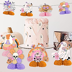 kreat4joy 8pcs Groovy Halloween Honeycomb Centerpieces, Halloween Baby Shower Birthday Decorations Honeycomb Centerpieces Double Sided Printing for Spooky One Two Spooky Four Ever Spooky Party