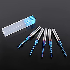 HQMaster 5 Pcs Spiral CNC Router Bits Set Down Cut 1/4” Shank Solid Carbide Spiral Downcut CNC Bits with Nano Blue Coating End Mill for Wood Cut Carving Engraver 1/8" Cutting Dia.