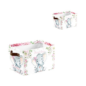 Pink Roses Elephant Personalized Storage Bins Basket Cubic Organizer with Durable Handle for Shelves Wardrobe Nursery Toy 1 Pack