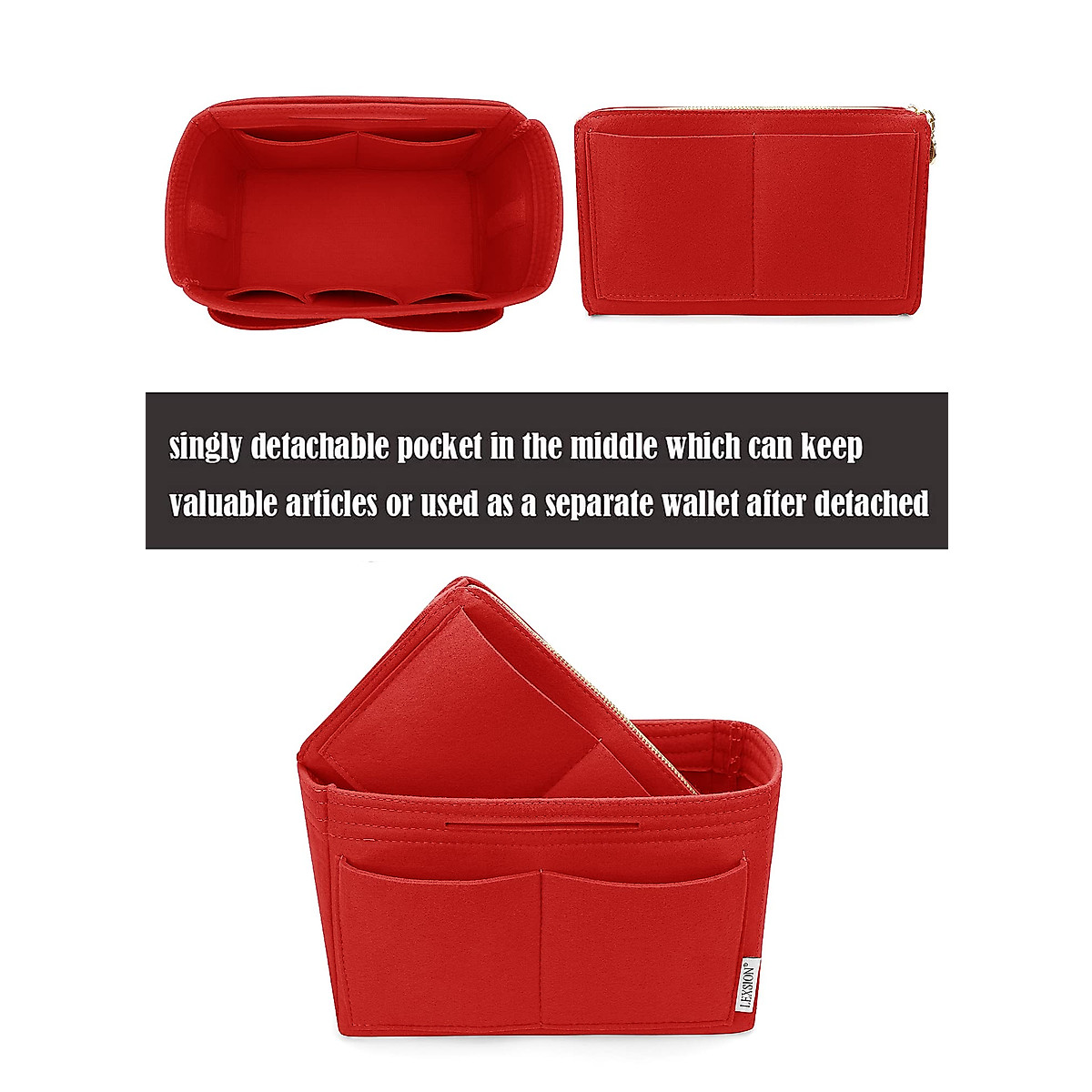 LEXSION Felt Purse Bag Organizer Insert with zipper Bag Tote Shaper Fit Speedy Neverful PM MM 8021 Red M