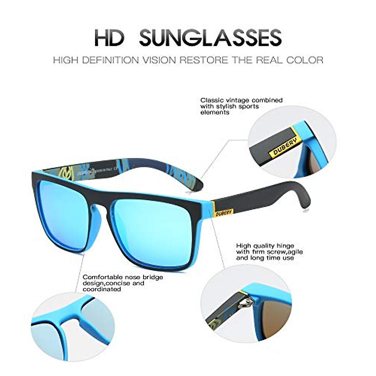 DUBERY Classic Polarized Sunglasses for Men Women Retro 100% UV Protection Driving Sun Glasses D731,2 Pack (Black/Blue+Black/Black)