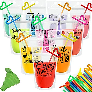 Ozera 100 Pcs Drink Pouches for Adults, Funny Text Juice Pouches for Adults Teens Party Beverage Bags, Reusable Novelty Drink Pouches with Straw Funnel for Cold & Hot Drinks (100 Pack,10 Styles)