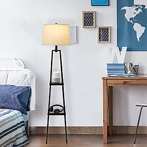 Catalina Lighting 19305-000 Modern Metal Etagere Floor Lamp with Shelves and Linen Shade, 58", Classic Black