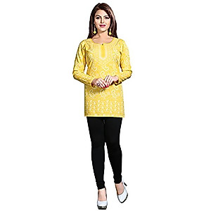 Maple Clothing Indian Kurti Top Tunic Printed Women's India Clothes (Yellow, 5XL)