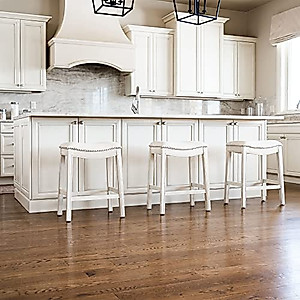 Maven Lane Adrien 26 Inch Counter Height Upholstered Backless Saddle Barstool in White Oak Finish with Natural Color Fabric Cushion Seat, Set of 2