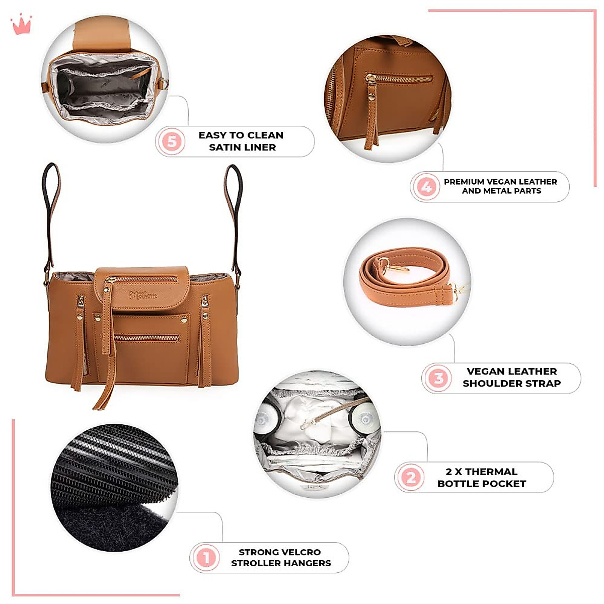 motheric Brown Leather Universal Stroller Organizer Shoulder bag with insulated cup holder, Shoulder strap - Parent console Caddy with strollercup holder