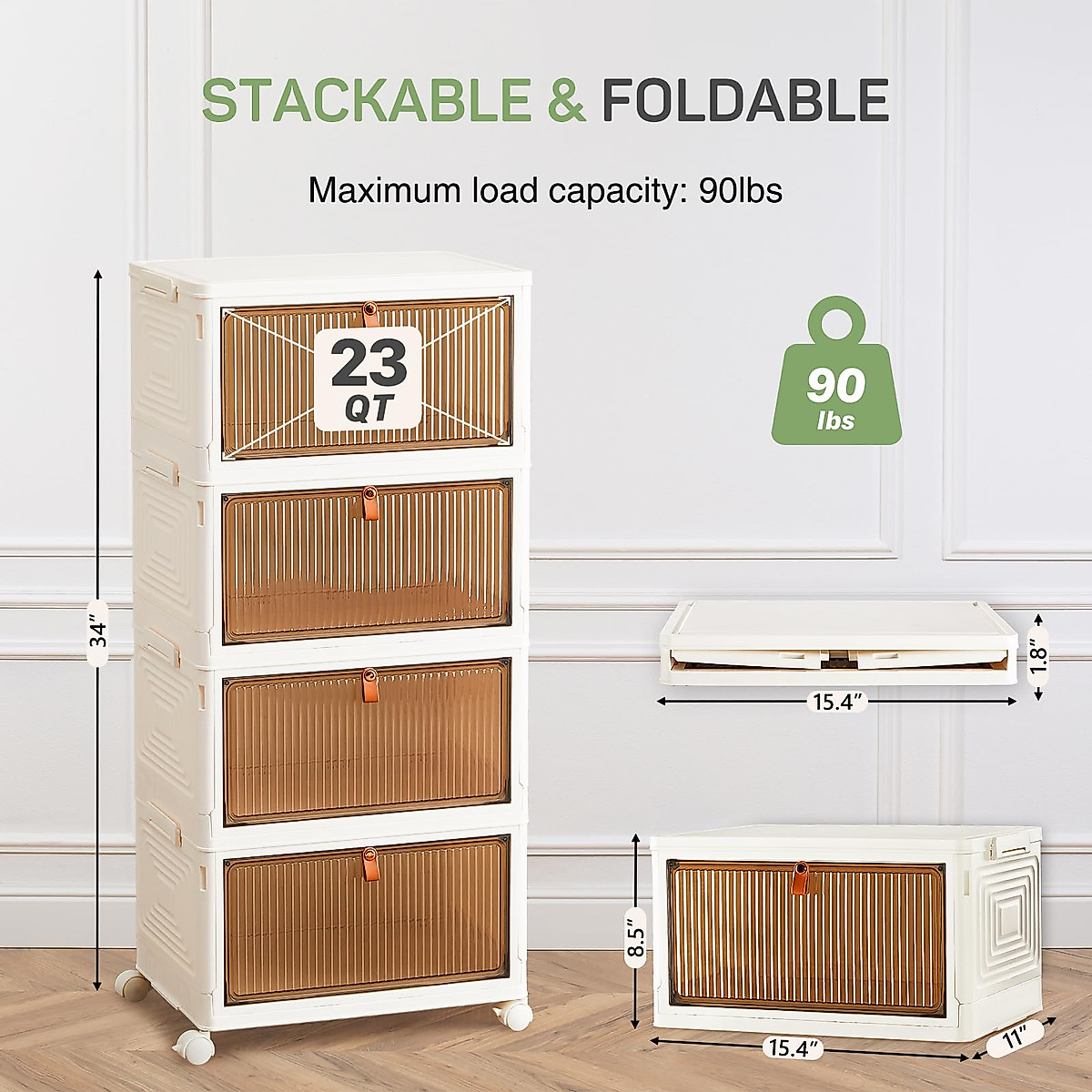 Aidoly 4-Tier Stackable Plastic Storage Bins with Lids, 23QT Foldable with Magnetic Doors and Lockable Wheels, Portable Collapsible Closet Organizer Boxes for Living Room, Bedroom, Dorm, Home Office