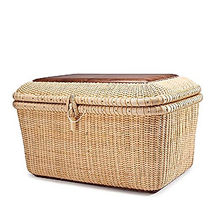 Teng Tian Nantucket baskets Rectangular Handwoven rattan Storage Basket Set with Lid for Shelves and Home Organizer Bins (L)