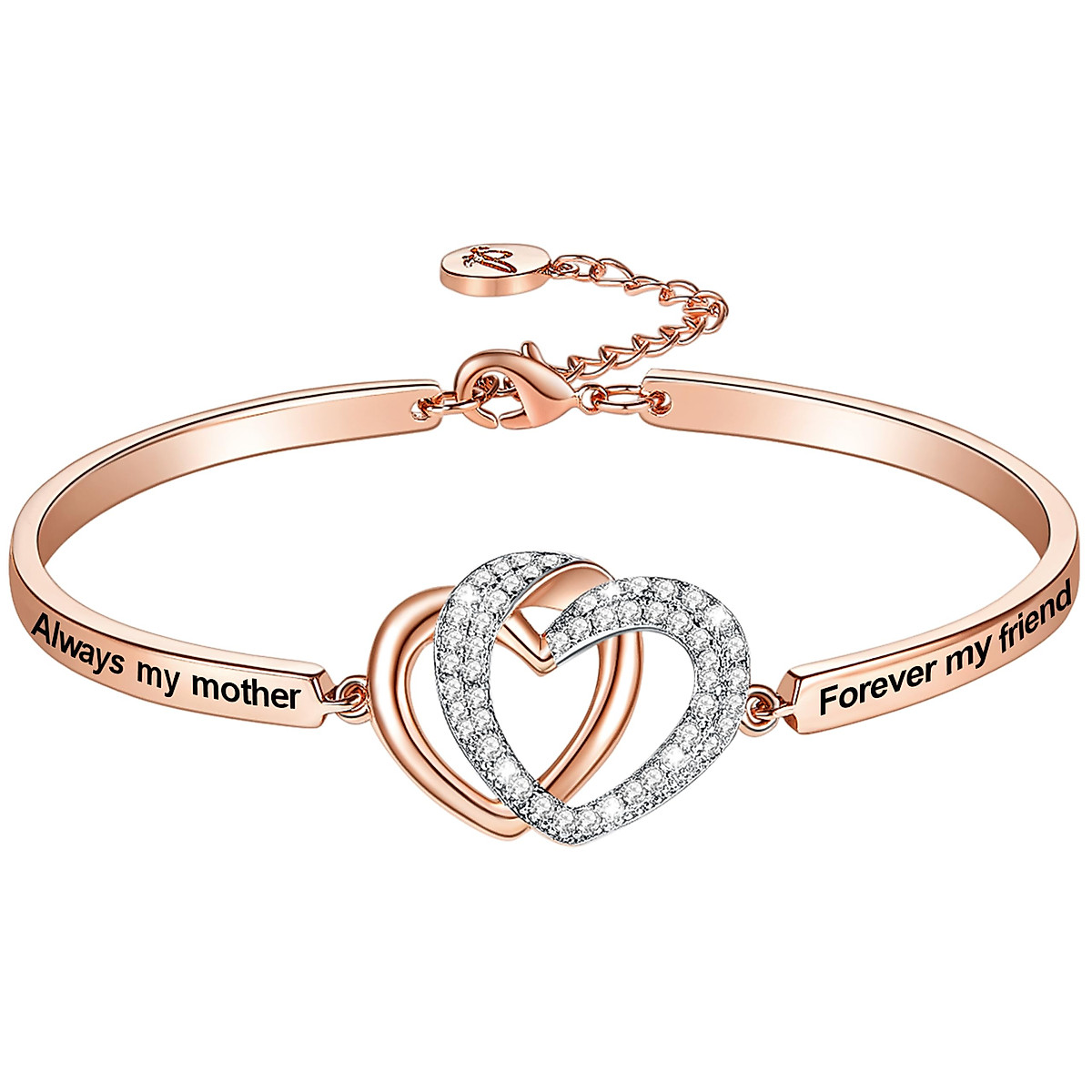 Aihitero Christmas Mom Gift, Engraved ‘Always My Mother Forever My Friend’ Interlocking Hearts Bangle Bracelet, Rose Gold Women Jewelry, Mama Mum Birthday Valentines Xmas Presents from Son Daughter