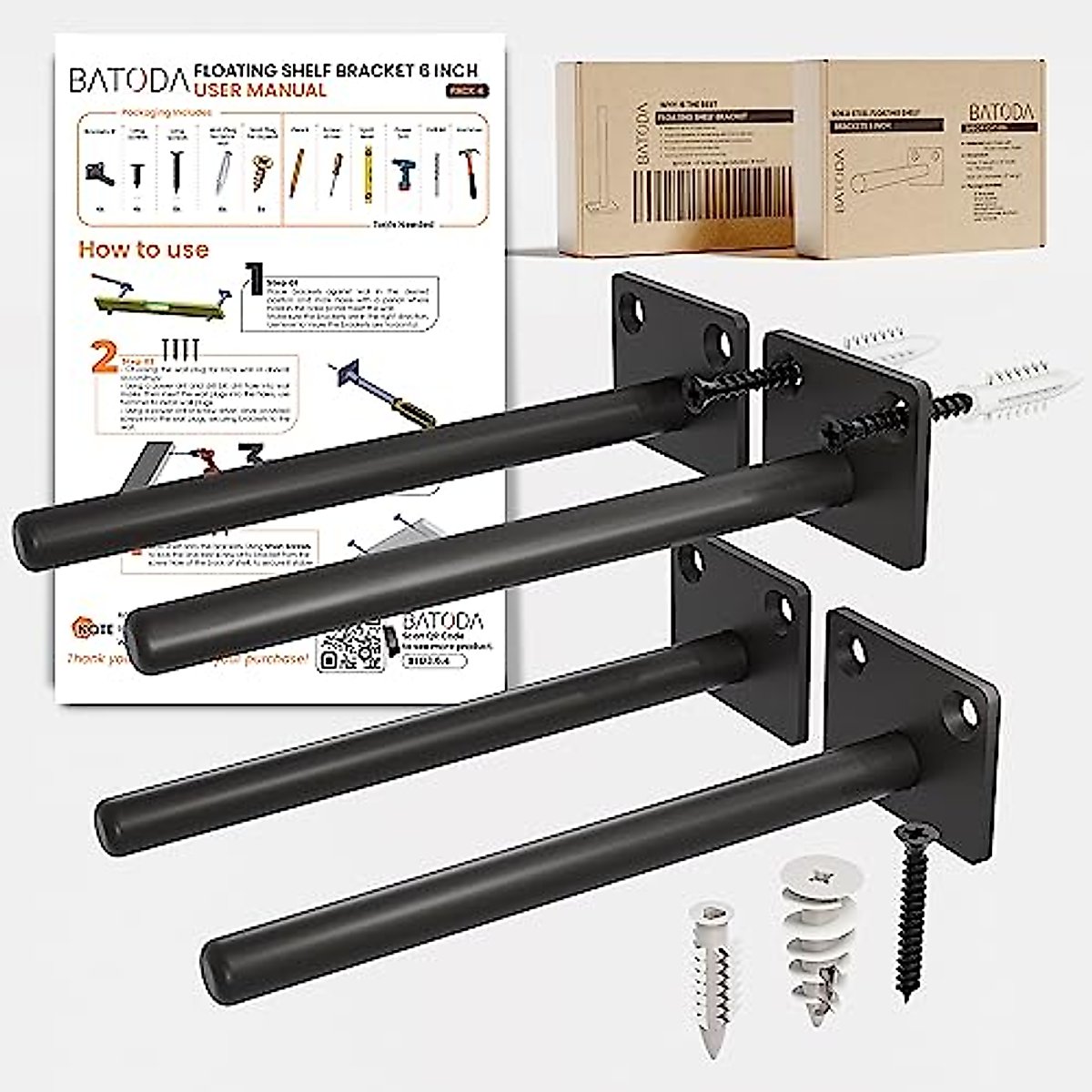 BATODA 6" Floating Shelf Bracket (4 pcs) – Solid Steel Blind Shelf Supports - Hidden Brackets for Floating Wood Shelves - Blind Shelf Support - Shelving Mounting Hardware Included (Pack 4)