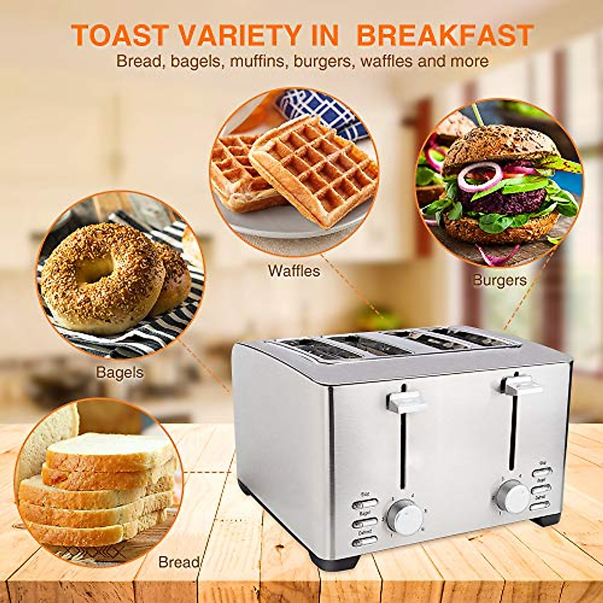 Schloß 4 Slice Toaster, Extra Wide Slot for Bread, Stainless Steel,Warming Rack, 6 Shade Settings, Bagel/Defrost/Cancel with Removal Crumb Tray (THT-3012D)