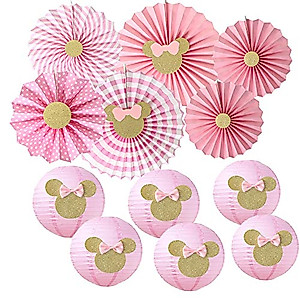 Pink and Gold Party Decor 12pcs Pink and Gold Glitter Minnie Tissue Paper Fans Paper Lanterns, Pink and Gold Mouse Birthday Decor,Girl Birthday,Baby Shower,Pink Gold Minnie Party Decor