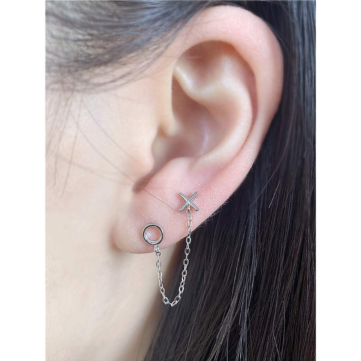 Tassel Symbol Chain Drop Dangle Stud Earrings for Women 925 Sterling Silver Double Piercing Female Gender Sign Studs Crawler Climber Letter X O Post Fashion Personalized Jewelry Unique Gift