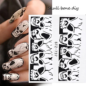 UARUOGP 25 Sheets Halloween Water Transfer Nail Stickers Nail Art Decals,10 Sheets Punk Skull Nails Foil Transfer Stickers,Grimace Skull Eye Spider DIY Decals for Halloween Party(35 Pcs)