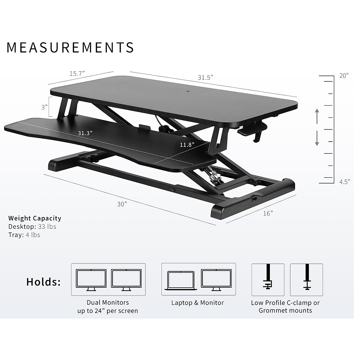 VIVO 32 inch Carbon Fiber Desk Converter, K Series, Height Adjustable Sit to Stand Riser, Dual Monitor and Laptop Workstation with Wide Keyboard Tray, Black, DESK-V000KR