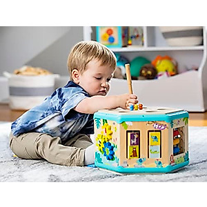 Pidoko Kids Wooden Activity Cube with 2 Tops - Montessori Center Birthday Gifts for 18 Months + Year Old Toddlers - Developmental Learning Baby Girl Boy Toys - Educational Bead Maze Set and Zoo Book