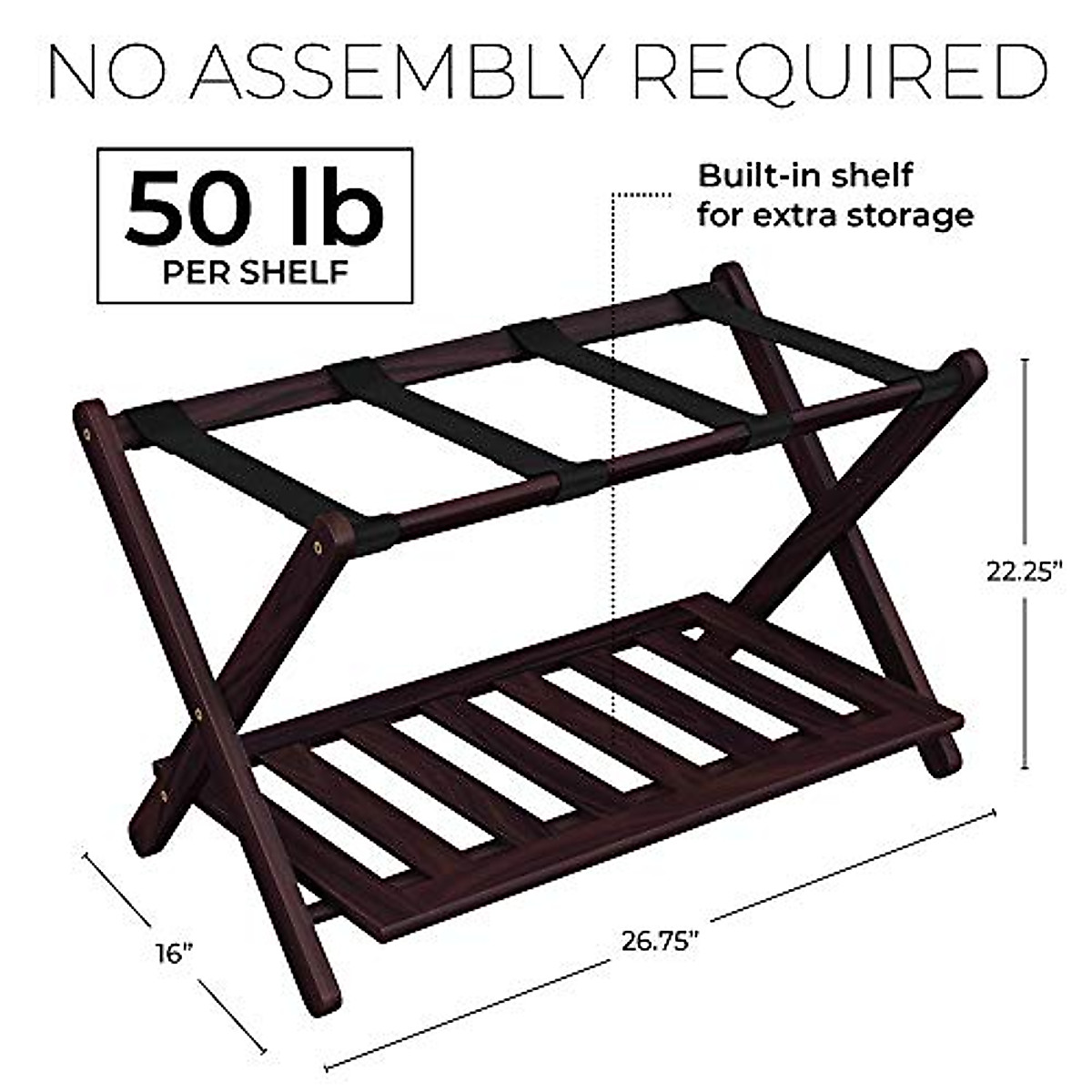 Stony Edge folding luggage rack for guest room Perfect sized 26.75”x16”x22.25” with Extra Shelf Storage - Suitable for Luggage, Suitcase and Shoes (Espresso)