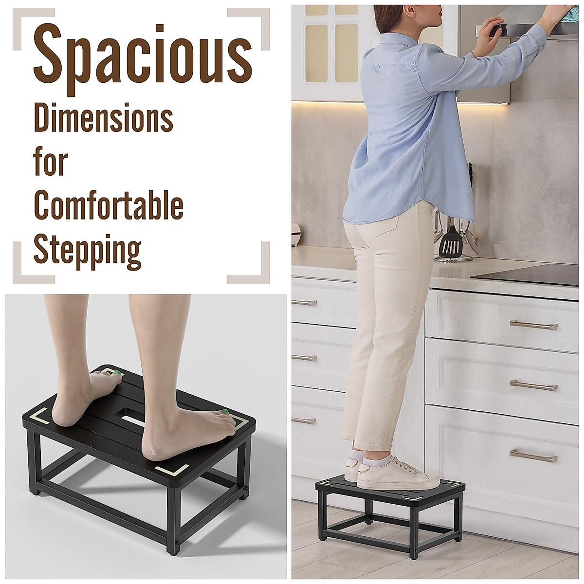 Tikea Step Stool for Adults with Handle & Non - Slip Surface and Rubber Feet - Sturdy Step Stool with Glow Strip - 500 lbs Capacity for Bedroom, Bedside, Bathroom, and Kitchen (Black)