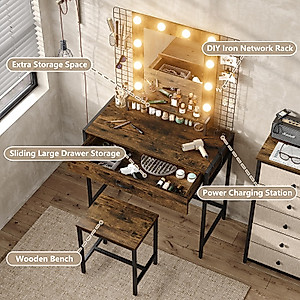 Furniouse Makeup Vanity Desk Set with LED Lights and Mirror, 33" W Makeup Table with Drawer & Charging Station, Dressing Table with Stool for Bedroom, Rustic Brown